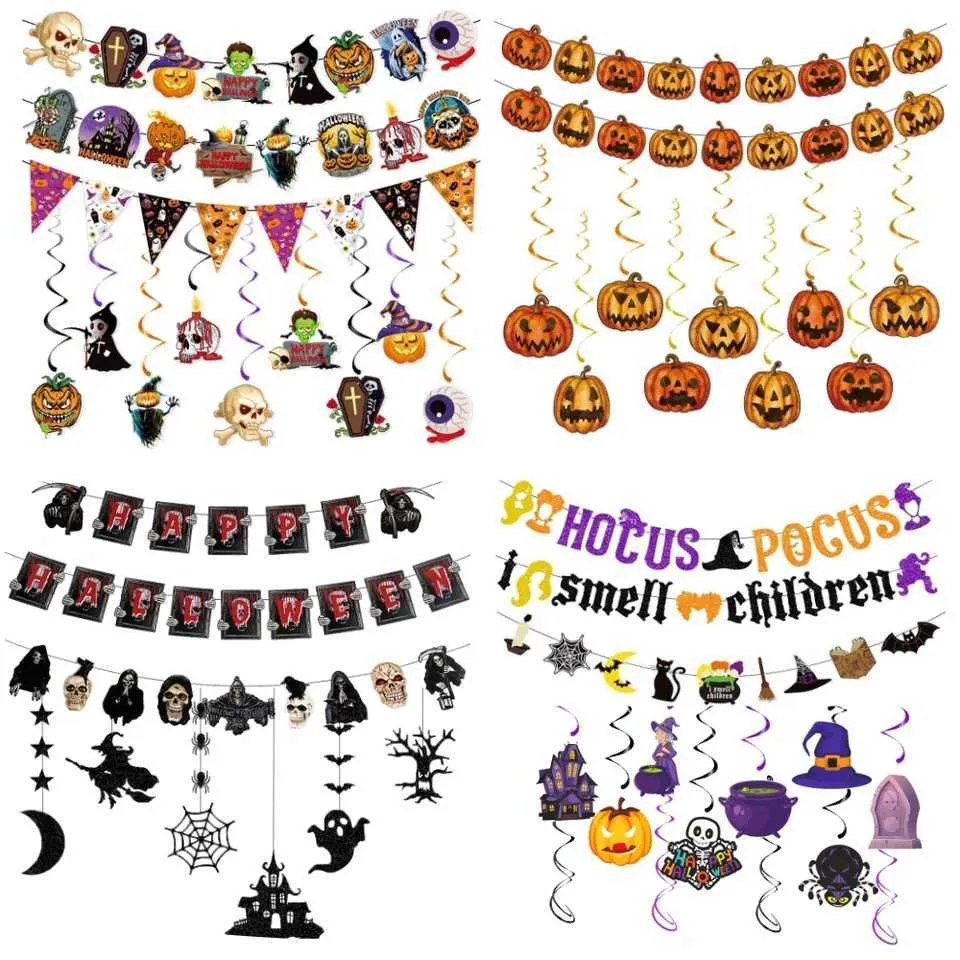Halloween Hanging Decorations Set - Spooky Pumpkin, Ghost & Bat Swirls ...