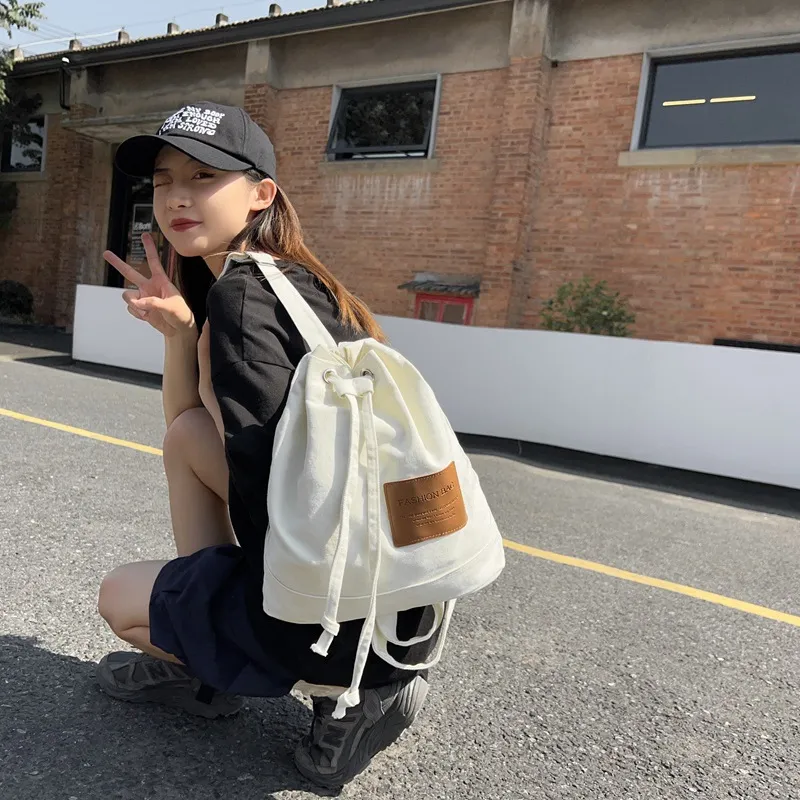 Korean Backpacks, Korea Shoulder Bag: Women's Canvas Drawstring Bucket ...