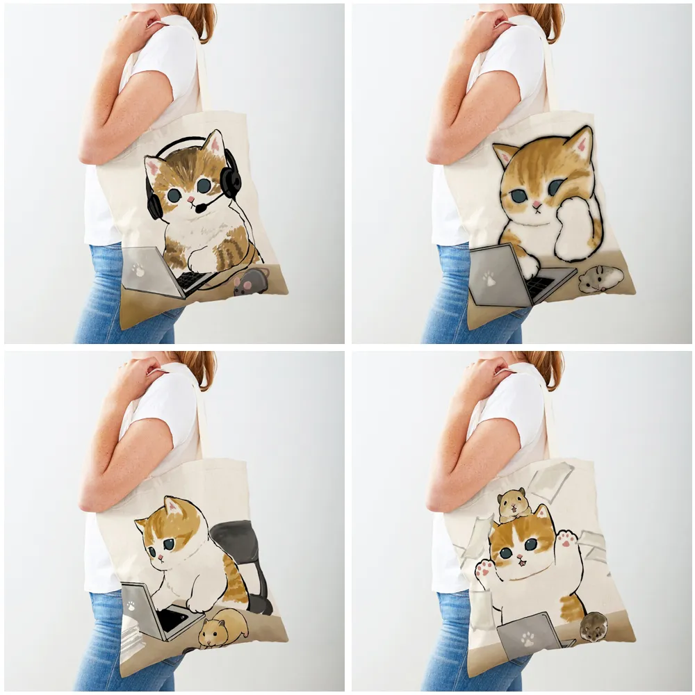 Kawaii Cat and Hamster Print Canvas Tote Handtote bags for women for ...