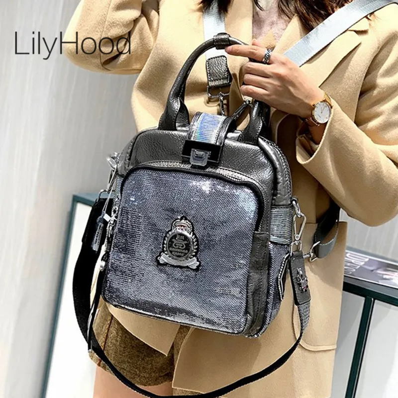 Stylish And Spacious Womens Vegan Silver Leather Backpack With Shiny ...