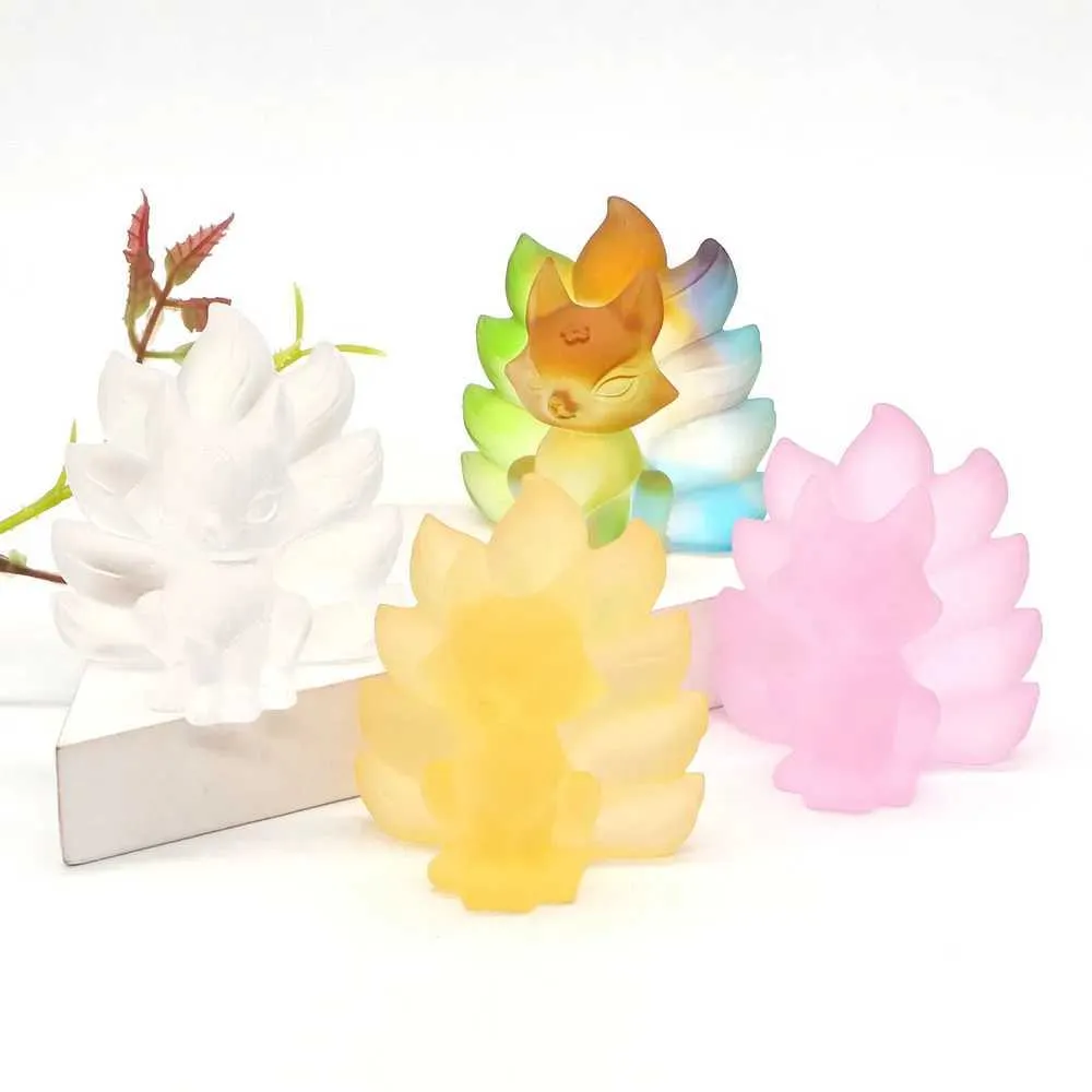 Exquisite Liuli Crystal Nine-Tailed Fox Statue, Hand Carved Feng Shui ...