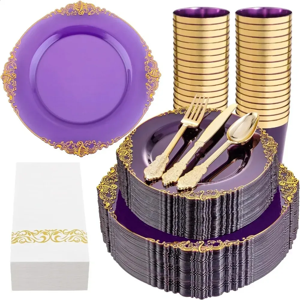 Purple Plastic Party Set: 350 Plates, 100 Boards, 150 Gold Silverware ...