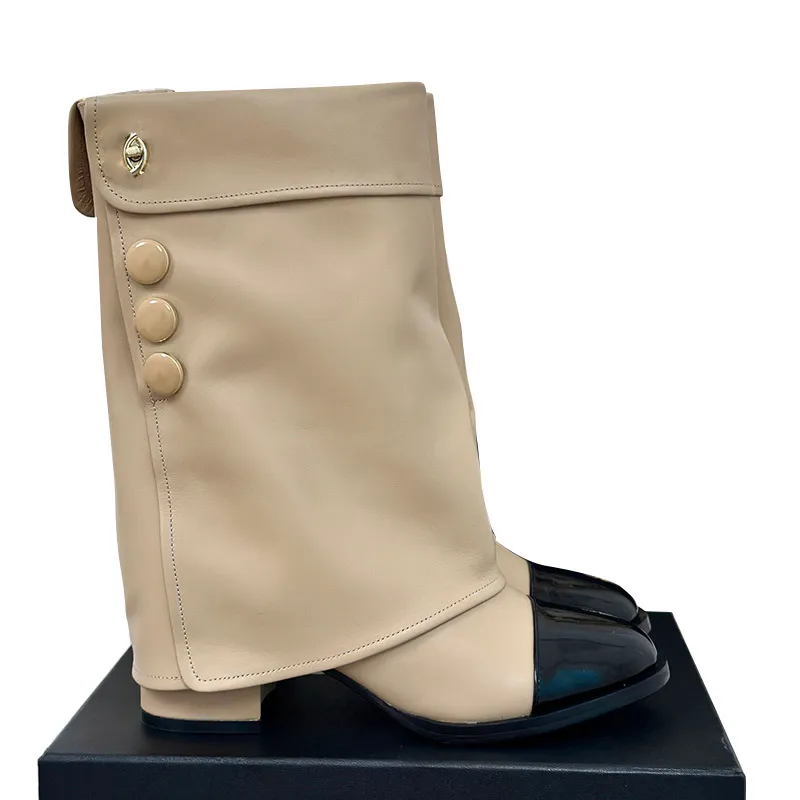 Knee High Chunky Platform Boots With Flap Over Heel Cowhide Women's ...