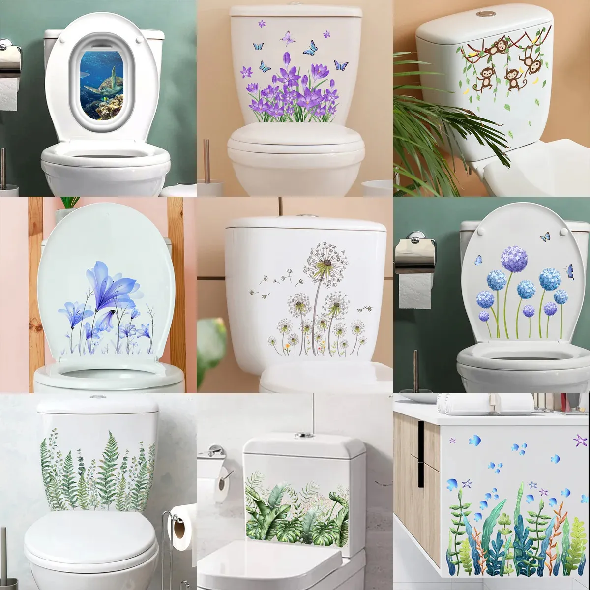 Toilet Decals Floral Decorative Wall Stickers For Bathroom, Self ...