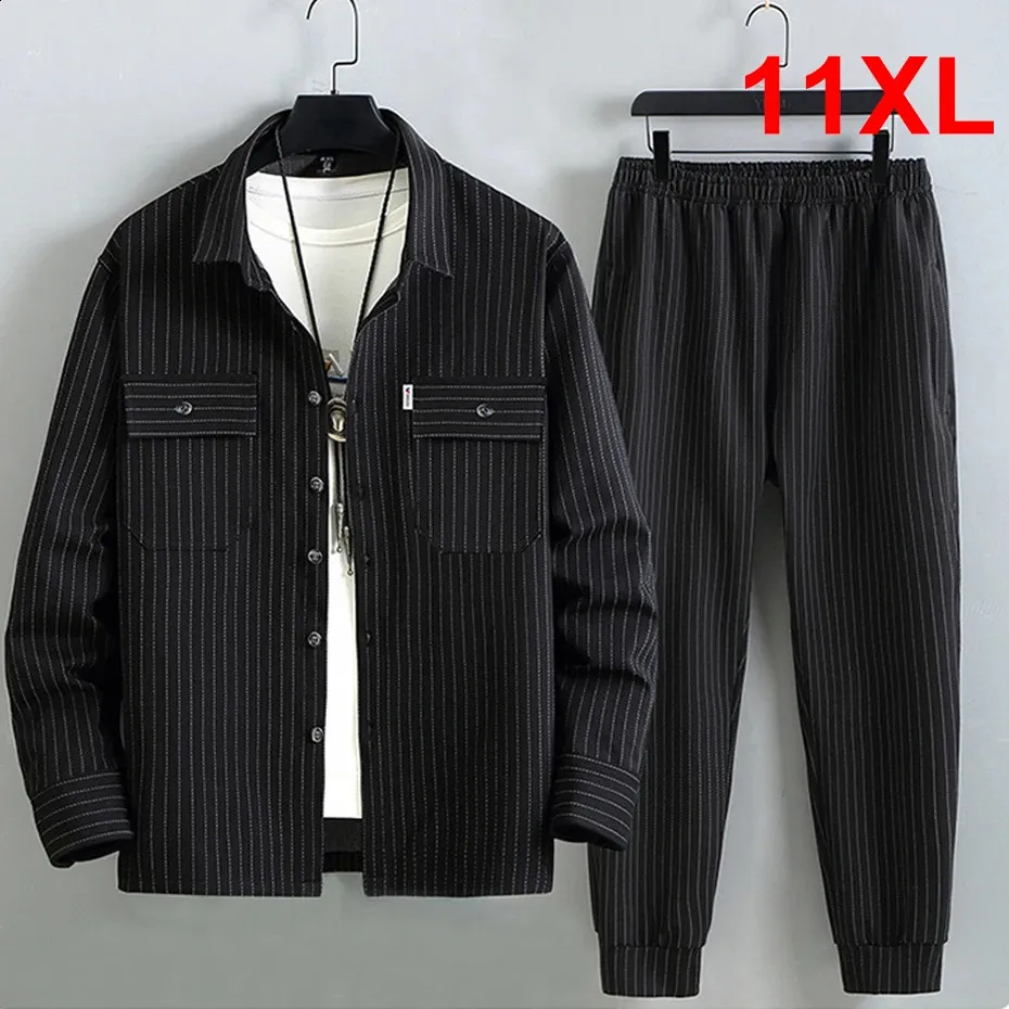 Men's 10XL-11XL Plus Size Stripe Set: Cargo Shirt and Pants Autumn ...