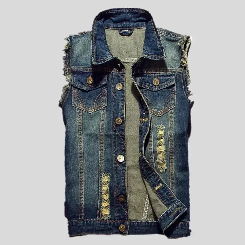 Ripped Denim Vest Mens Jacket - Sleeveless Hip Hop Jean Jacket ...
