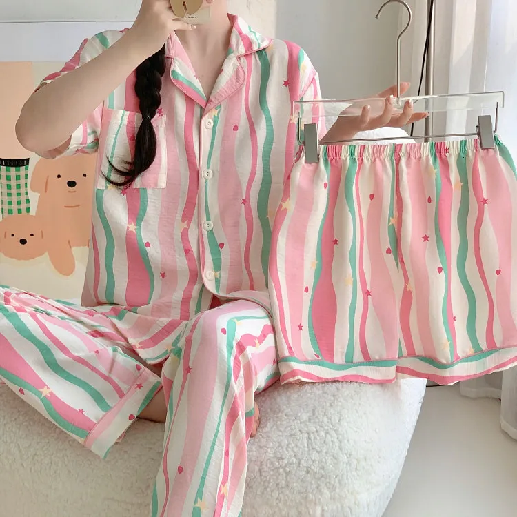 Sweet Summer Cloud Cotton Pajamas Set: Short Sleeves, Shorts, and Long ...