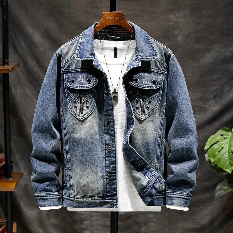 Mens Biker Denim Retro Denim Jacket Mens Indented Splicing Longsleeve ...