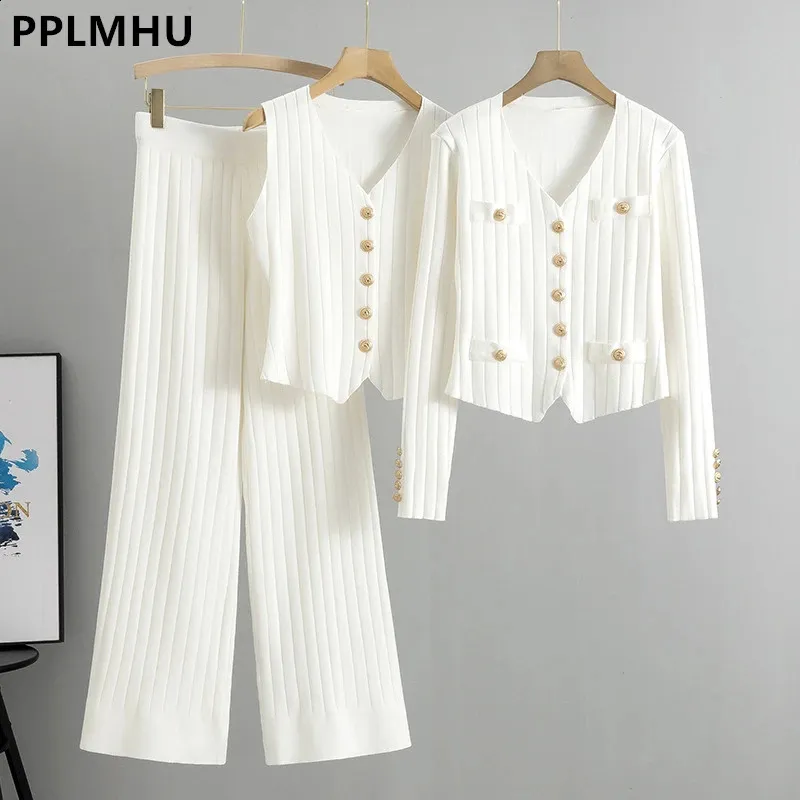 Retro-Chic 3-Piece Korean Knitted Set: V-Neck Cardigan, Vest Top, and ...