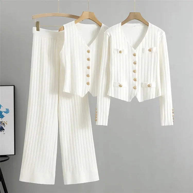 Retro-Chic 3-Piece Korean Knitted Set: V-Neck Cardigan, Vest Top, and ...