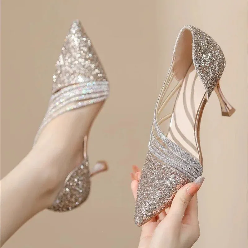 Sexy Pointed Toe Champagne Womens High Heels 2024 Sparkling Crystal ...
