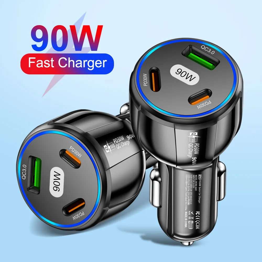 90W 3-Port USB Car Charger: Rapid PD Charging for Phones & Devices ...