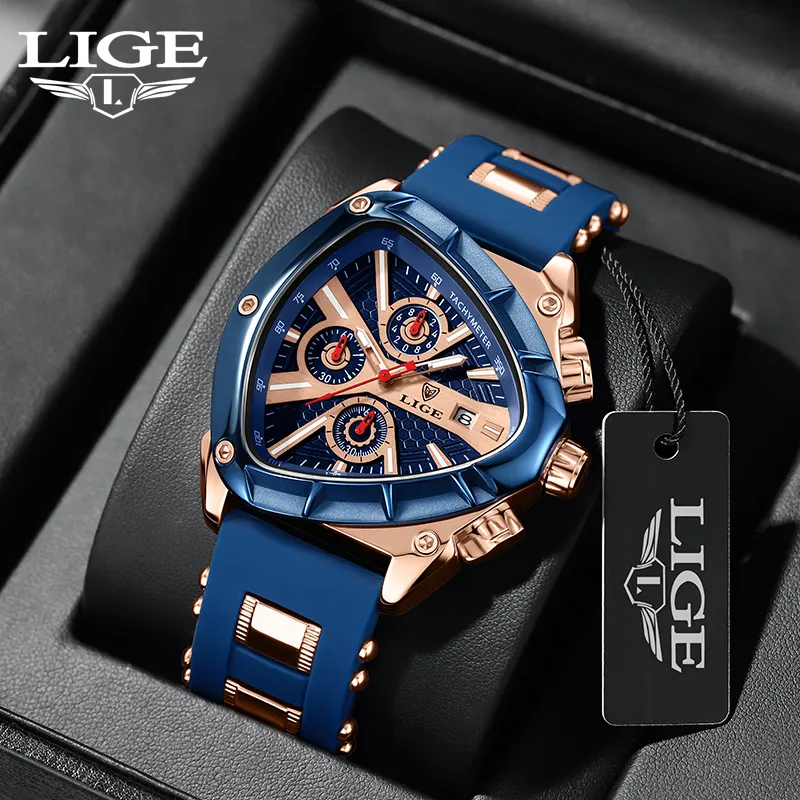 LIGE Fashion Men Watch Triangle Chronograph Military Wristwatch Sport ...