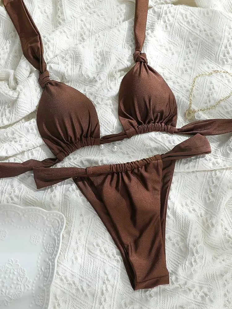 2024 Solid Color Pated Push Up Brown Bikini Set Sexy Bandage Swimwear ...