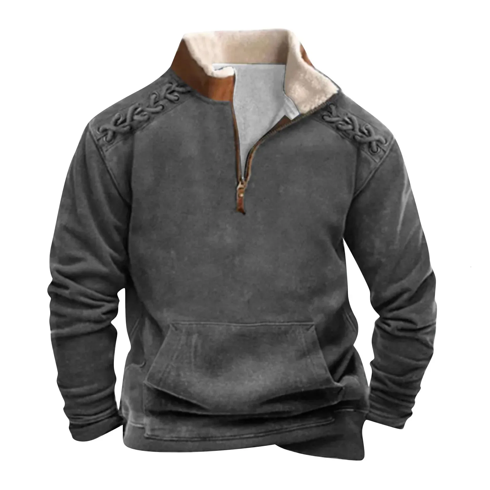 Retro Patchwork Pullover Sweatshirt - Winter Wool Collar, Long Sleeve ...
