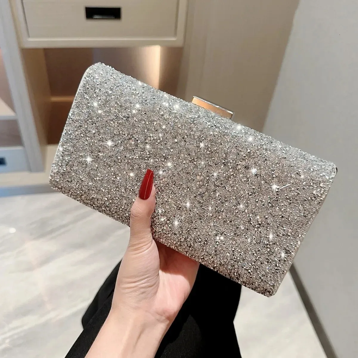 Sparkling Silver Crystal Clutch Evening Bag - Elegant Women's Party ...