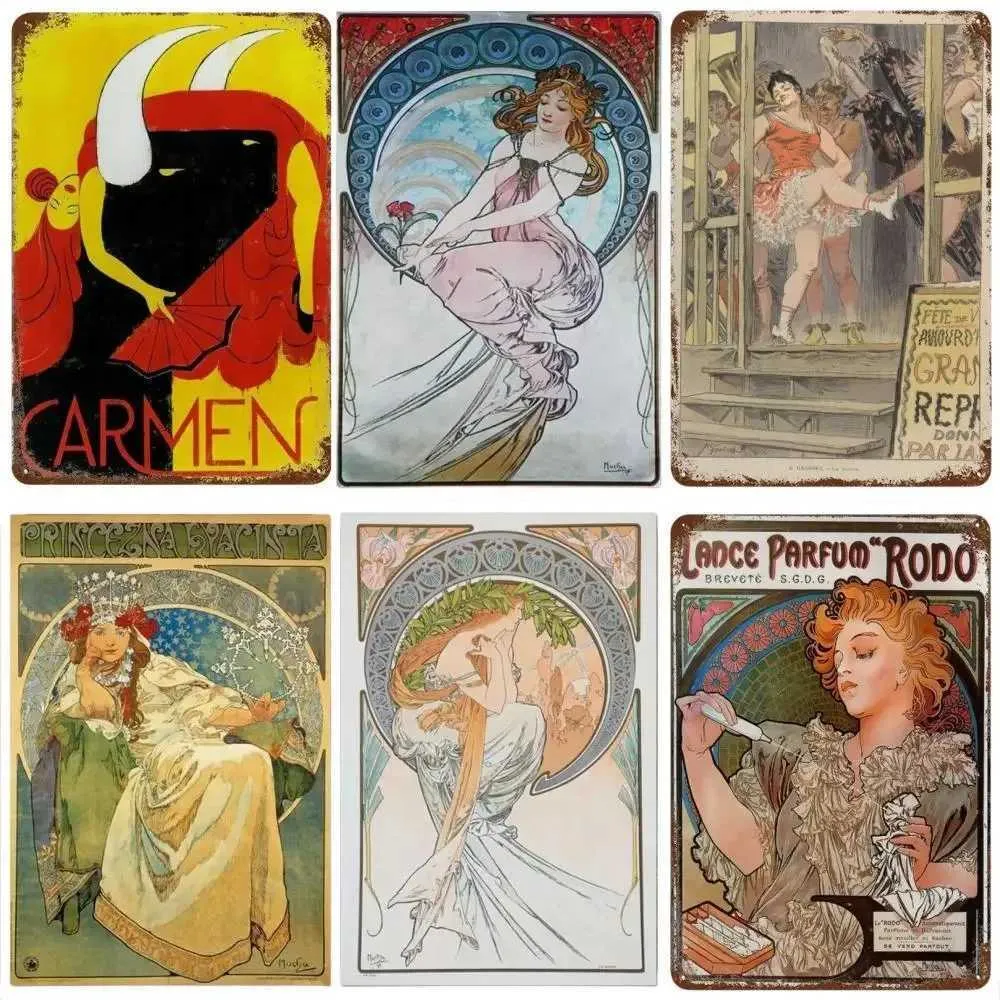 Alphonse Mucha Girls Pin Up Tin Sign Artistic Decorative Wall Plates ...