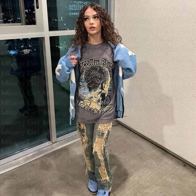 Oversized Graphic Zip Hoodie: Goth Punk Y2k Style - Women's Long Sleeve ...