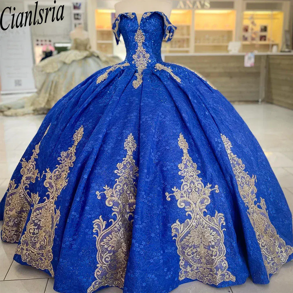 Royal Blue Off Shoulder Princess Robe With 3D Flowers And Tulle Ball ...