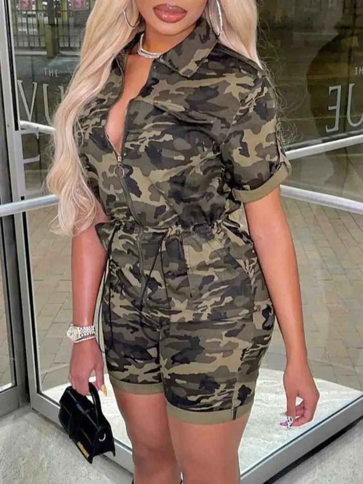 Short Sleeve Camo Print Jumpsuit 🍢 Plus Size Camo Print Romper ...