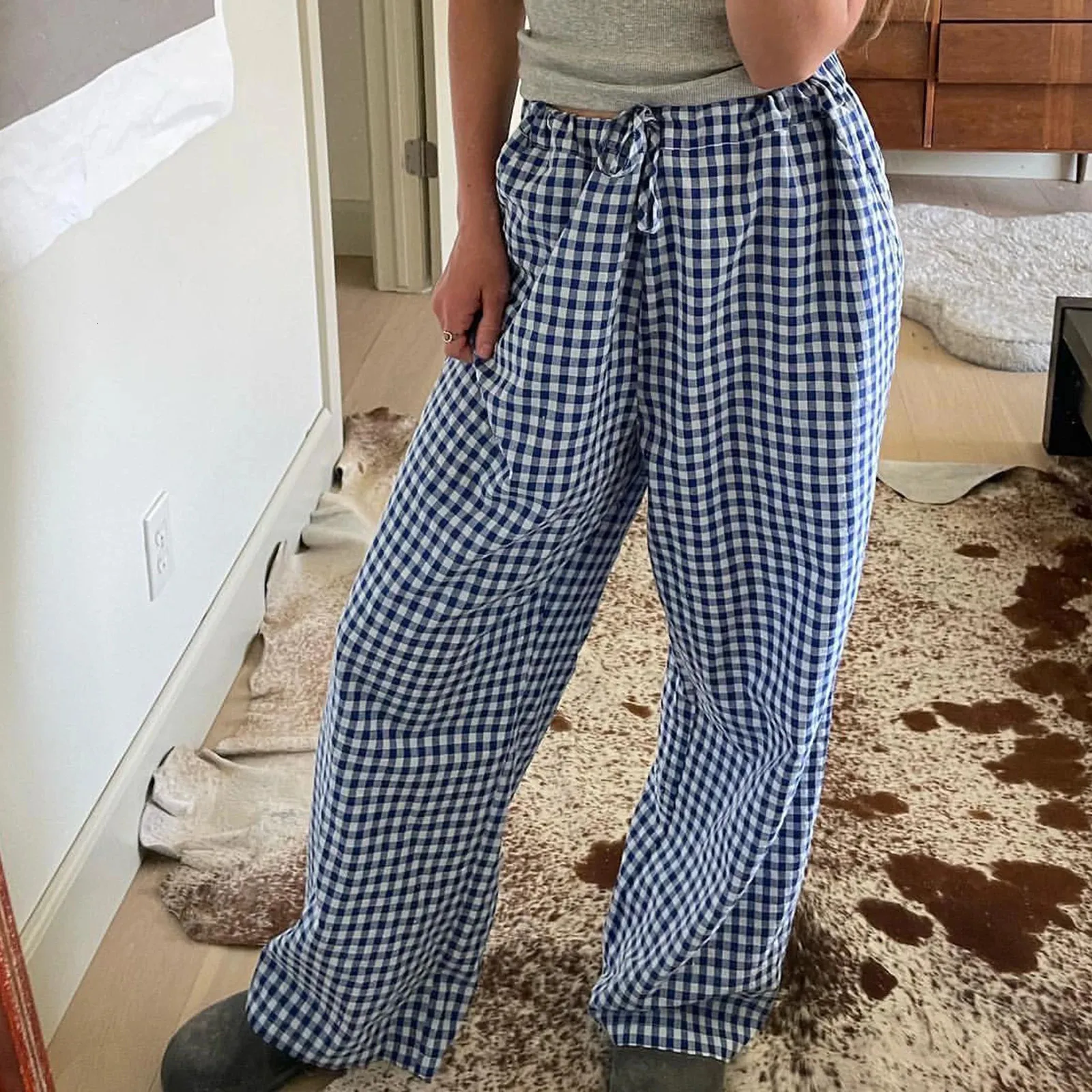 Comfy Wide Leg Trousers: Vintage Plaid Pants with Elastic Waist ...
