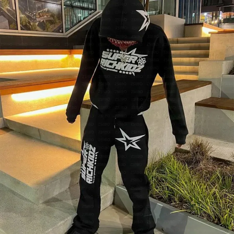 Y2K Grunge Style Hoodie & Sweatpants Set - Vintage Black Foam Print ...