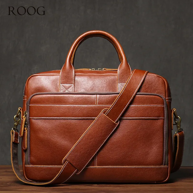 ROOG Men's Leather Briefcase Business Computer Bag for 16 Inch Laptop ...