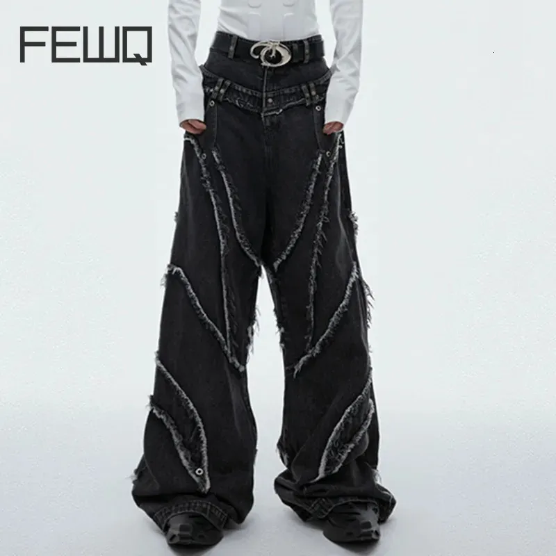 FEWQ Mens Wide Leg Patchwork Jeans Tassel Metal Decoration Casual Work ...