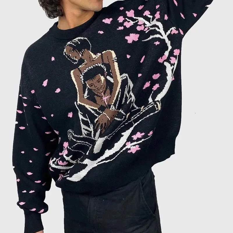 Abstract Anime Pattern Knitted Sweater - Harajuku Streetwear Pullover ...