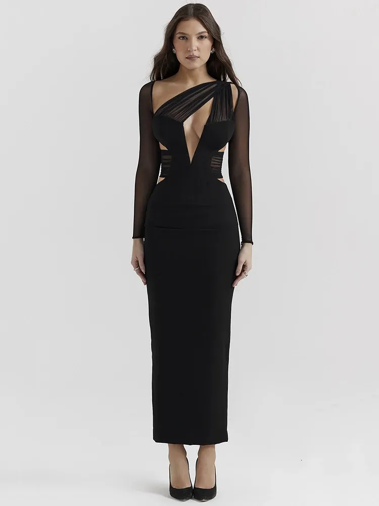 Sheer Bodycon Dress: Elegant Hollow Out Mesh Long Sleeve Sexy Maxi ...