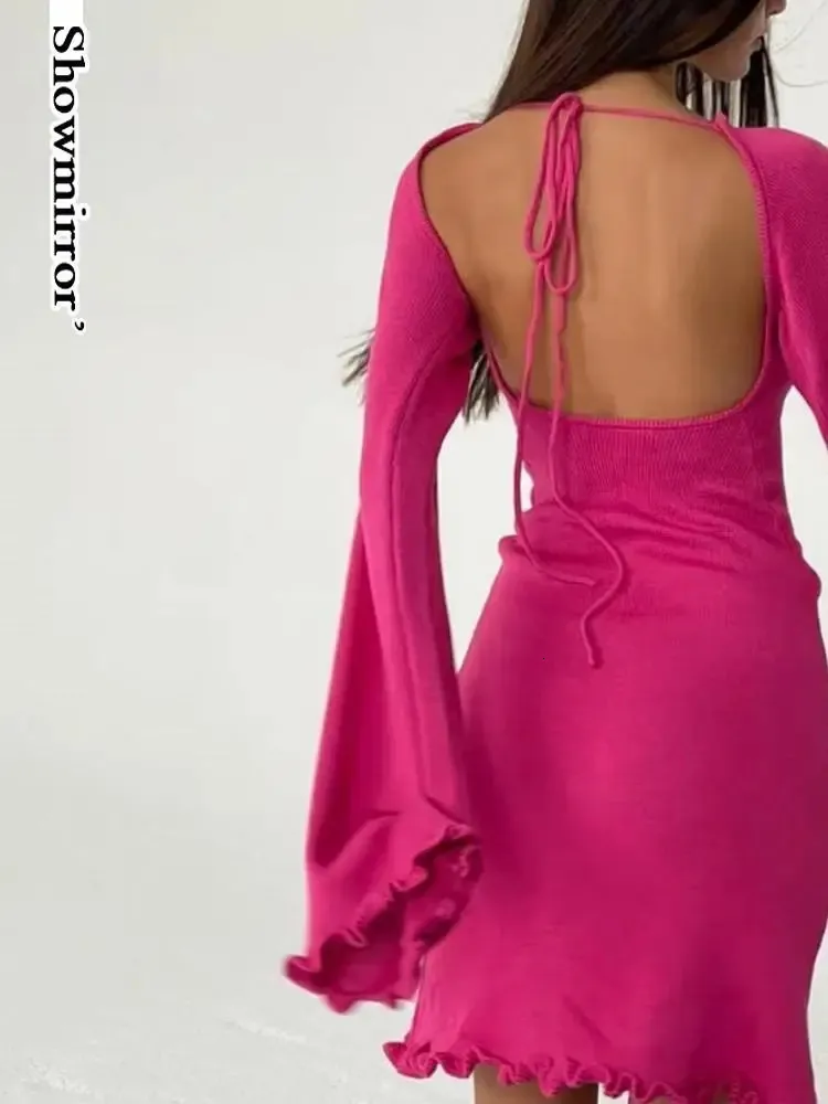 Sheer Bodycon Dresses: Knit Mini Dress With Flare Sleeves, Backless ...