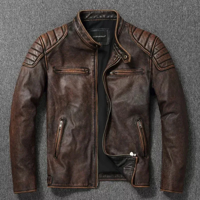 DHgate.com:Genuine Cowhide Leather Jacket with Black Brown Fur Collar ...