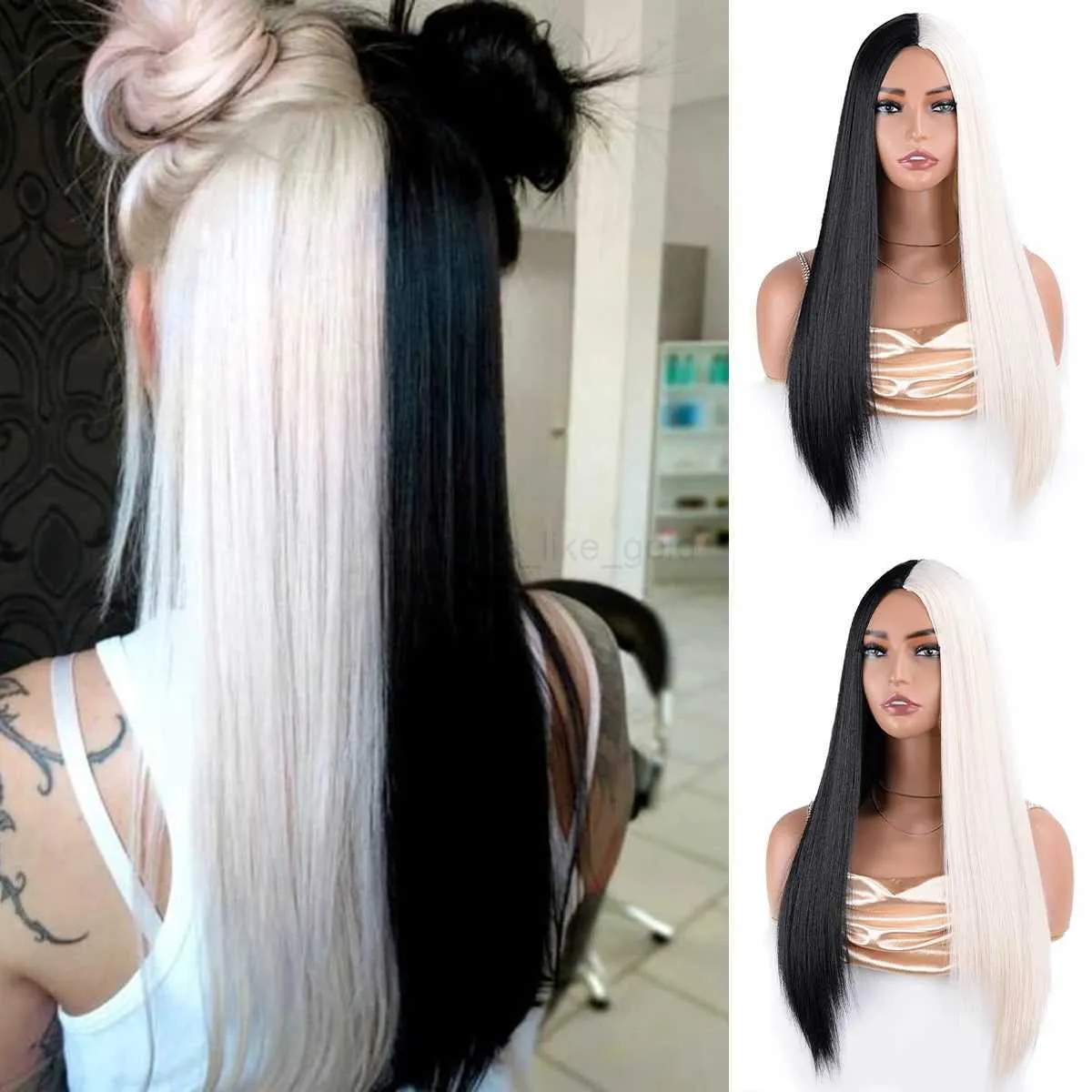 Two-Tone Straight Wig, 28 Inch Half Black Half White, Center Part ...