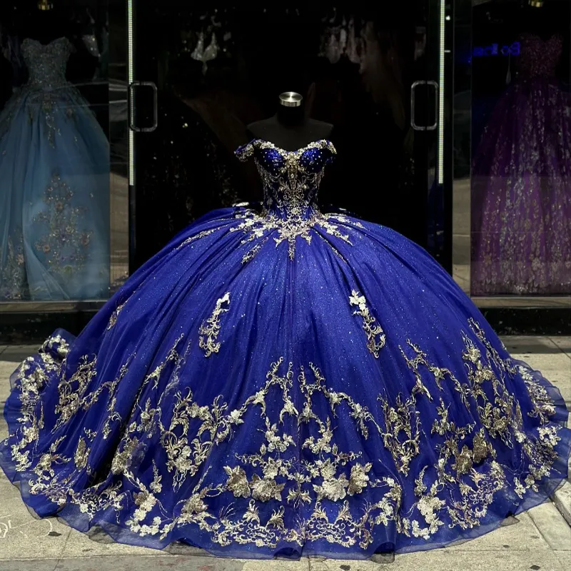 Royal Blue Shiny Quinceanera Dress Ball Gown Off The Shoulder Gold Lace ...