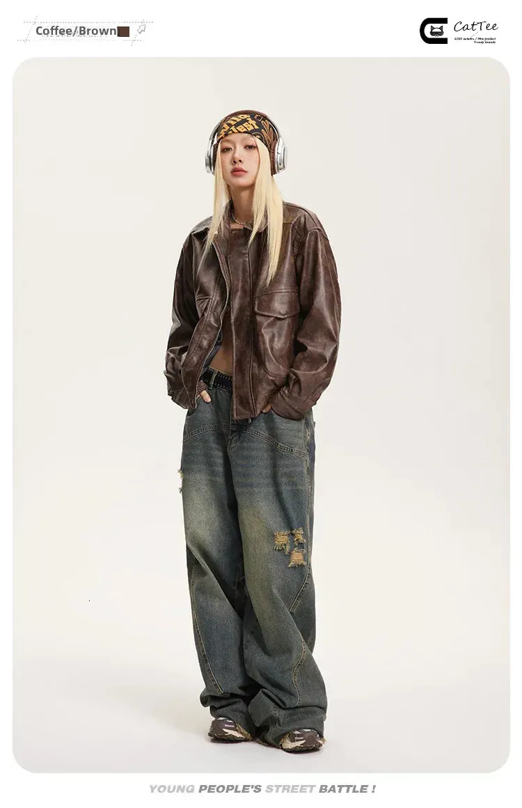 Coffee Leather Motorcycle Jacket Women's - American Style Spring Biker ...