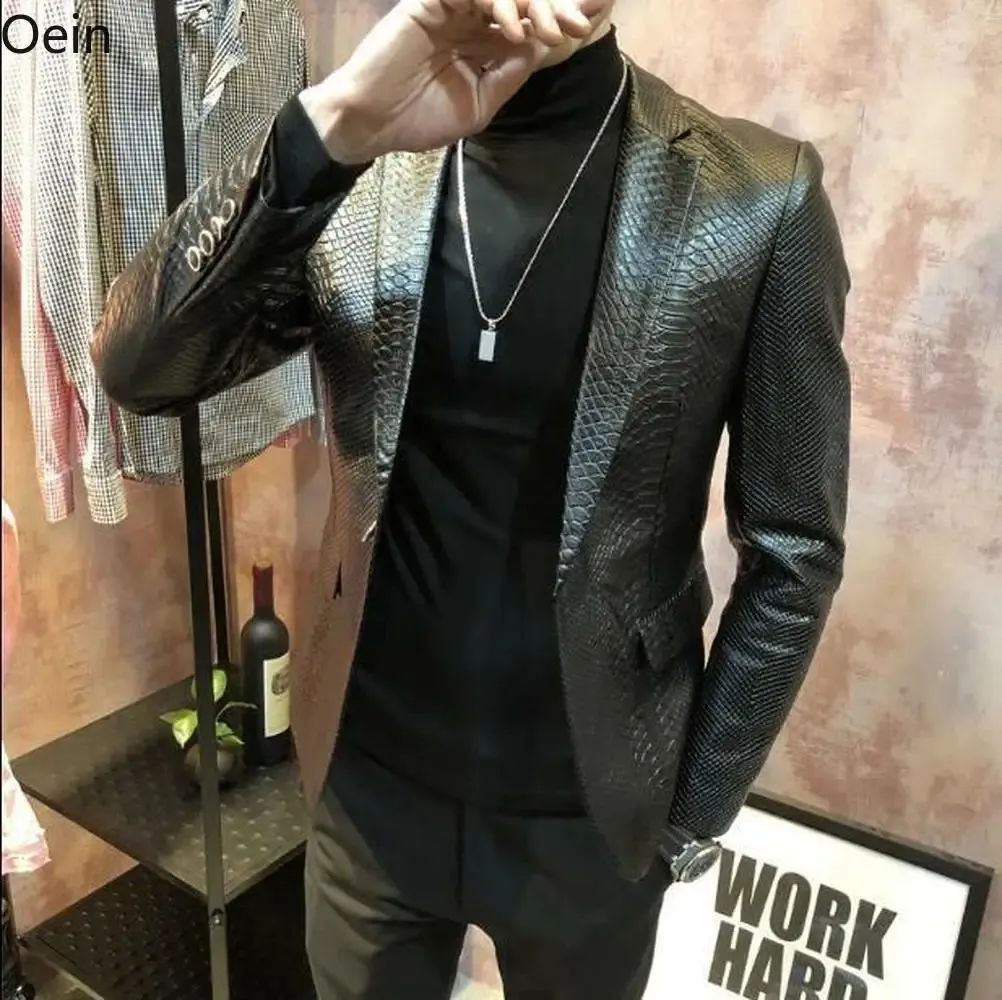 Oein Men's Slim Fit Black Snakeskin Leather Jacket – Versatile Casual ...
