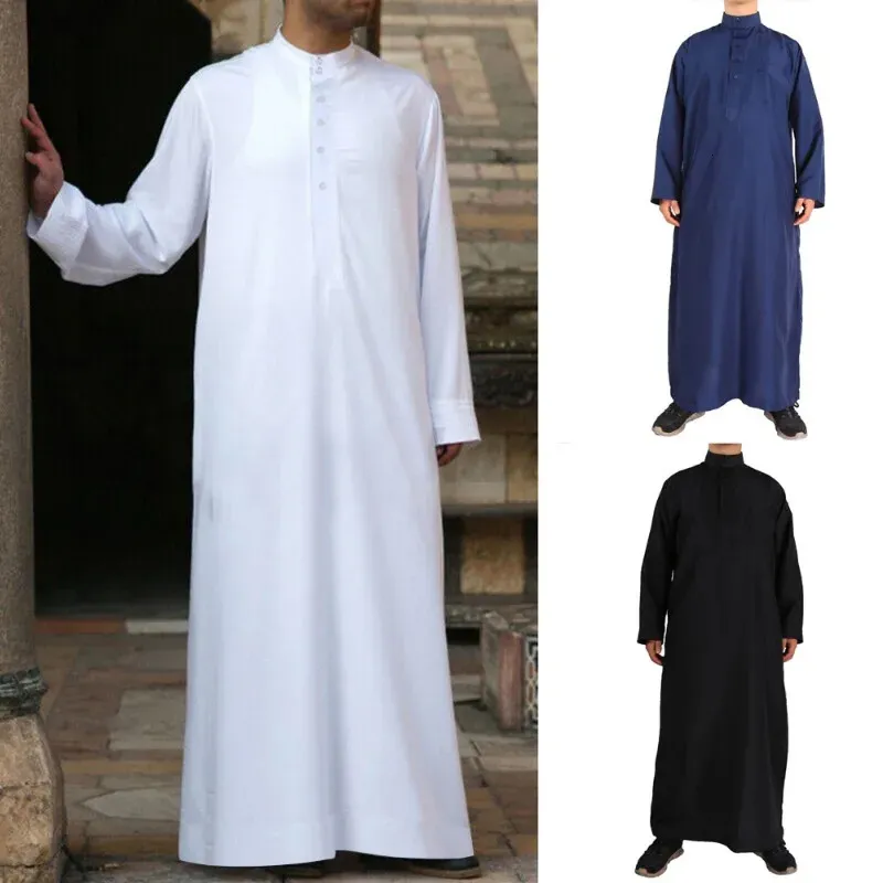 Ramadan Mens Muslim Robe Solid Color Long Sleeve T Shirt Kaftan Dress ...