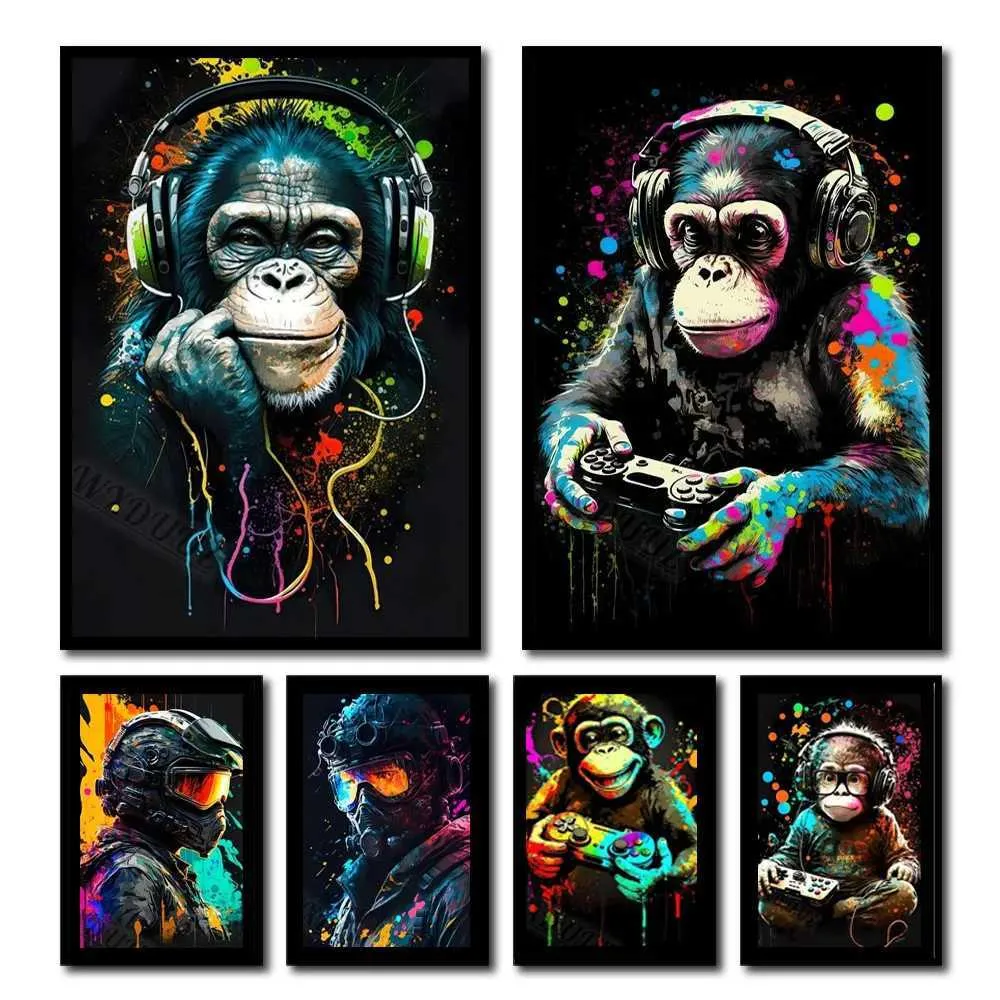 Retro Monkey Gamepad Picture 80s Gaming Room Monkey Wall Art For Home ...