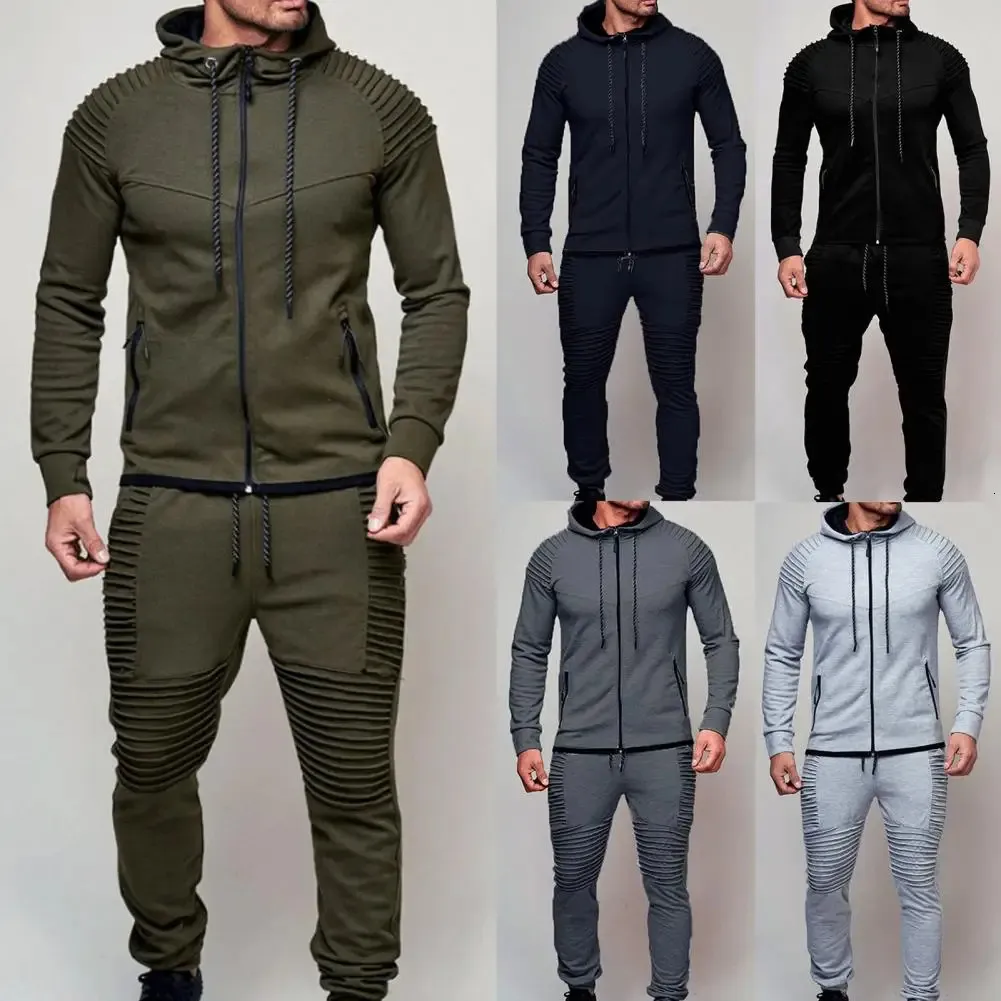 Men's Solid Color Hooded Pleated Mens Skinny Tracksuit Set Simple ...
