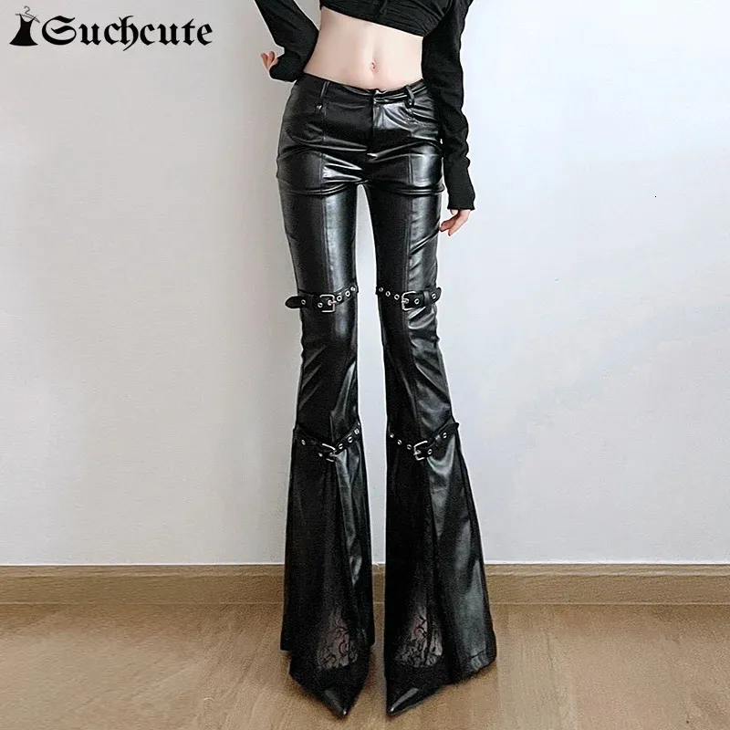 SUCHCUTE Gothic PU Leather flare pants with Lace Patch for SUCHCUTE Gothic PU Leather flare pants with Lace Patch for