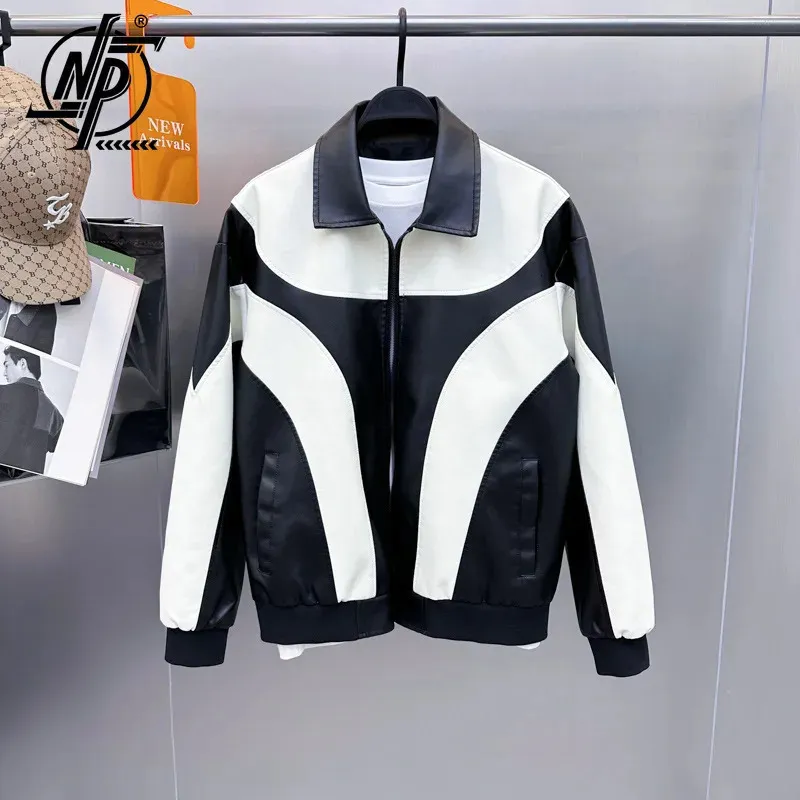 Mens Faux Leather Biker Jacket, Retro Patchwork Motorcycle Jacket ...