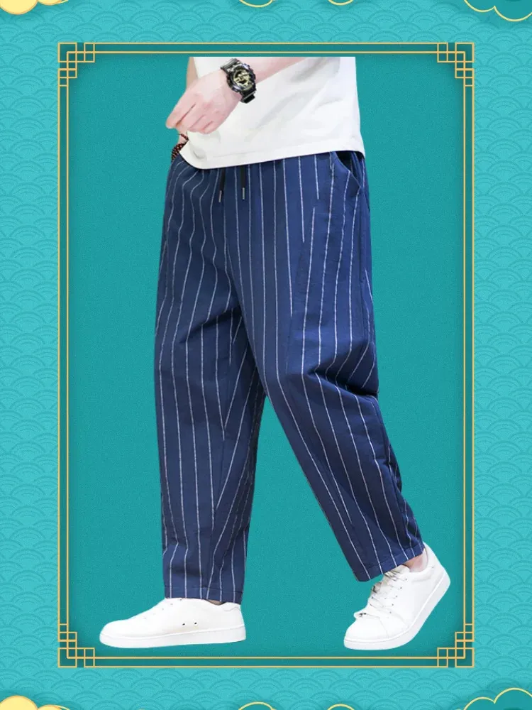 Wide Leg Striped Pants: Mens Casual Cotton Linen Trousers - Shop Now ...