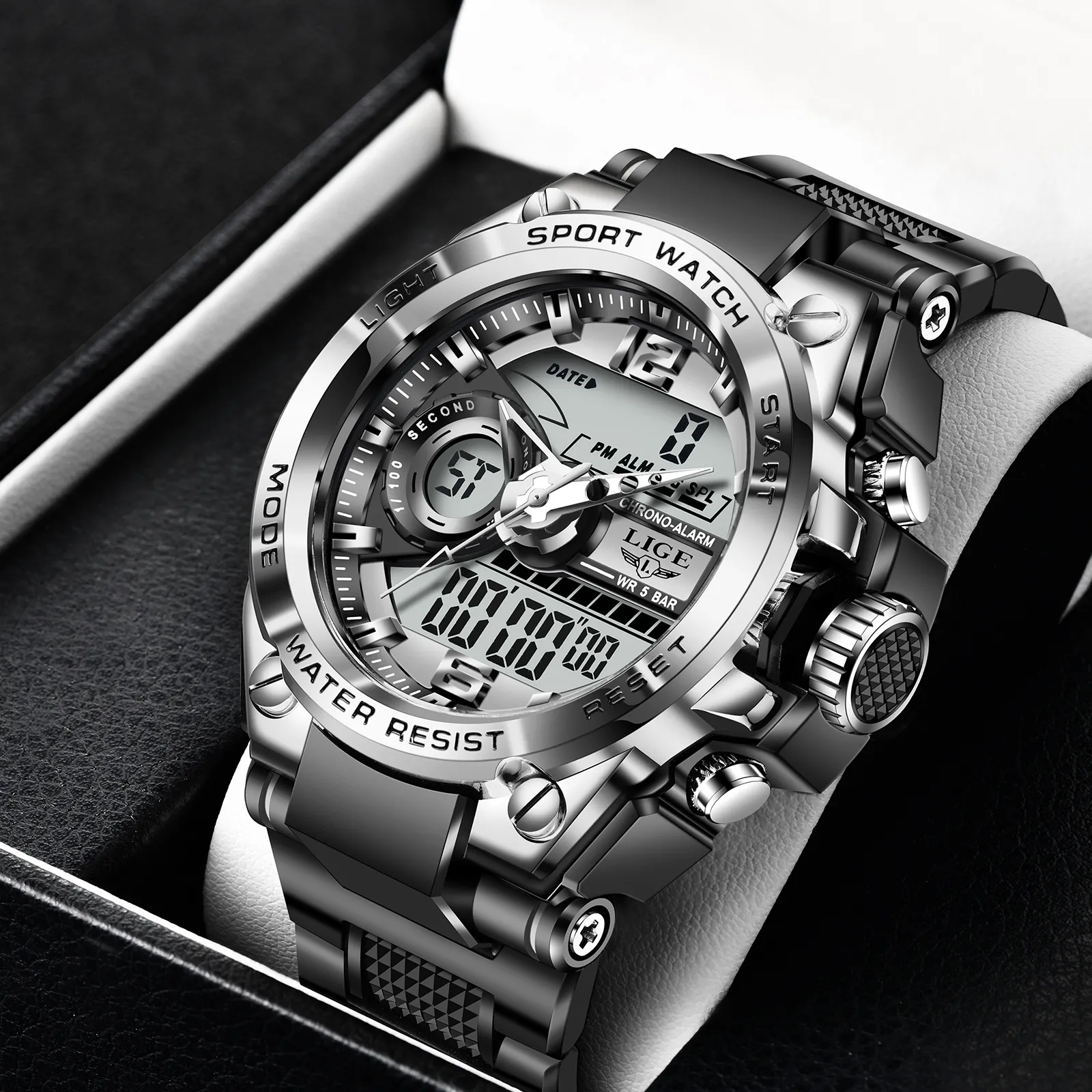 LIGE Men's Dual Display LED Watch Multifunctional Waterproof Digital ...