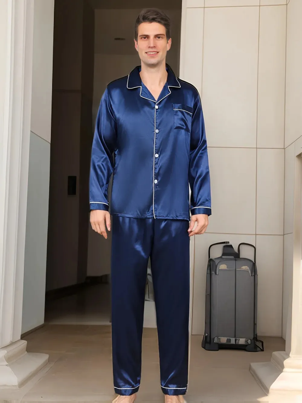 Elegant Male Silk Pajamas Long Sleeve Satin Pijama Set, Solid Color ...