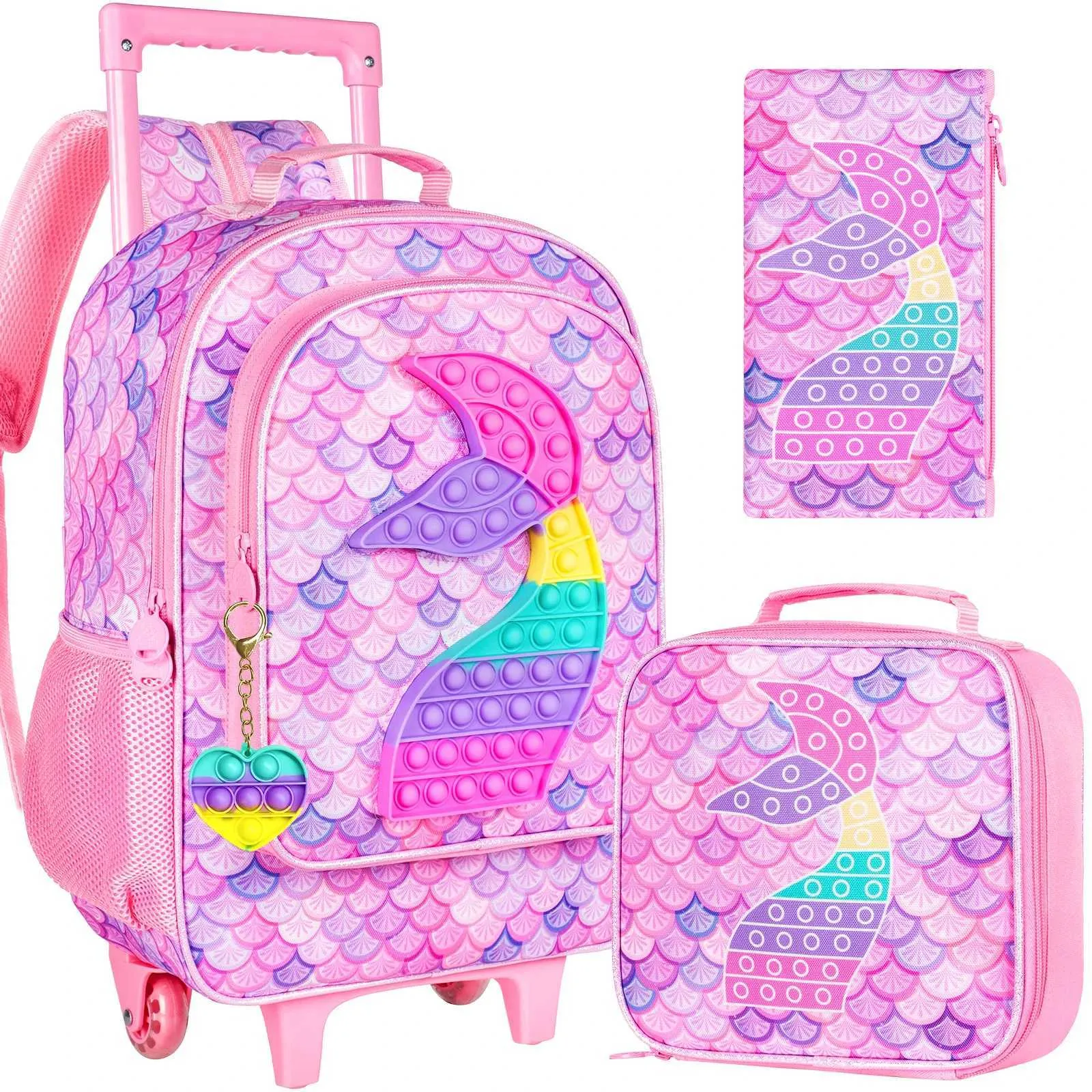 Kids Wheeled Backpack 3-Piece Set: Mermaid Pink Rolling Bookbag with ...