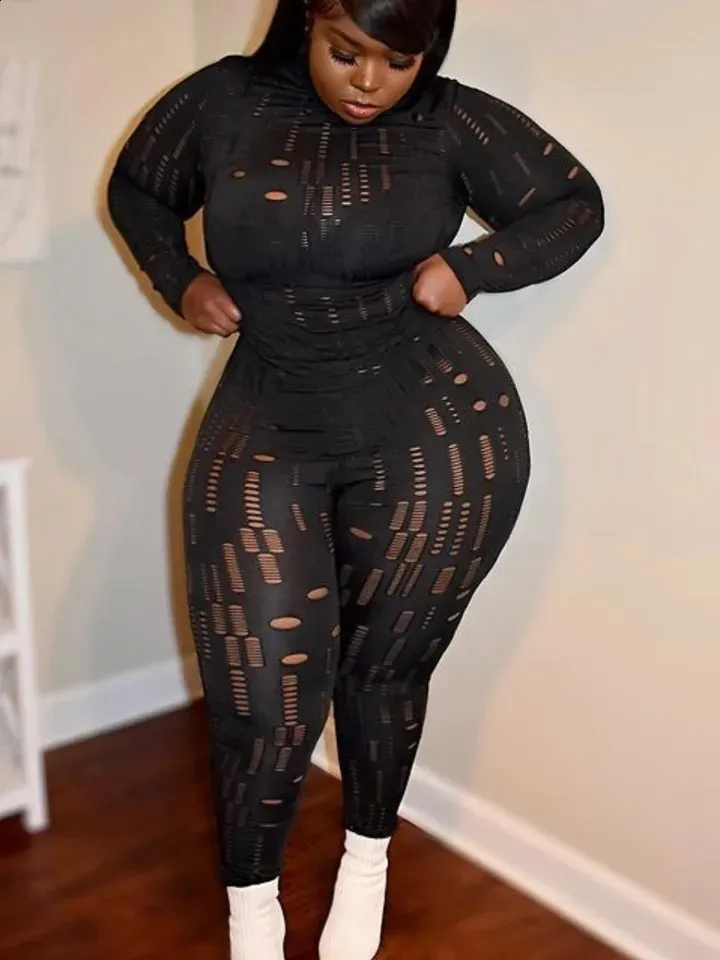 Plus Size See-Through Skinny Stretchy ladies pant suits with Long ...
