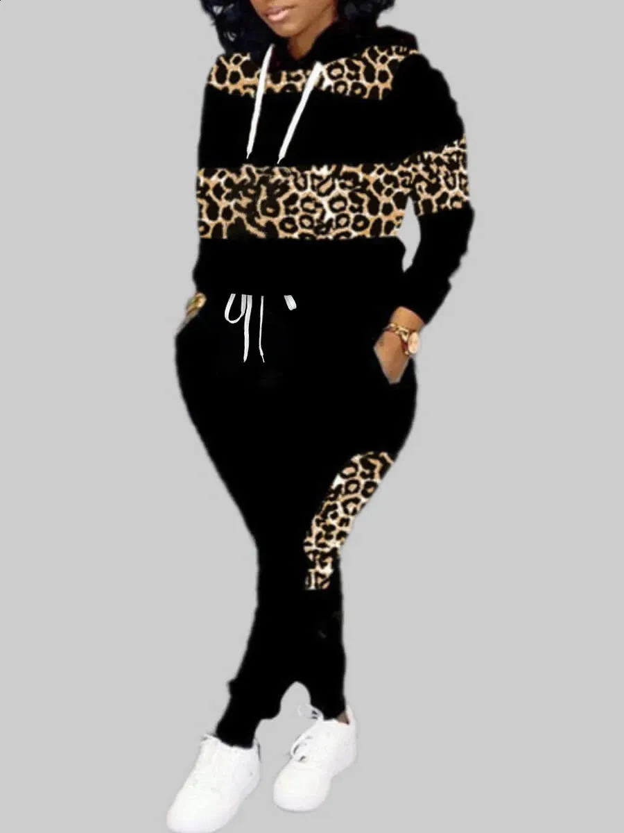 Plus Size Autumn Leopard Print Hoodie And Plus Size Pant Suits Set With ...