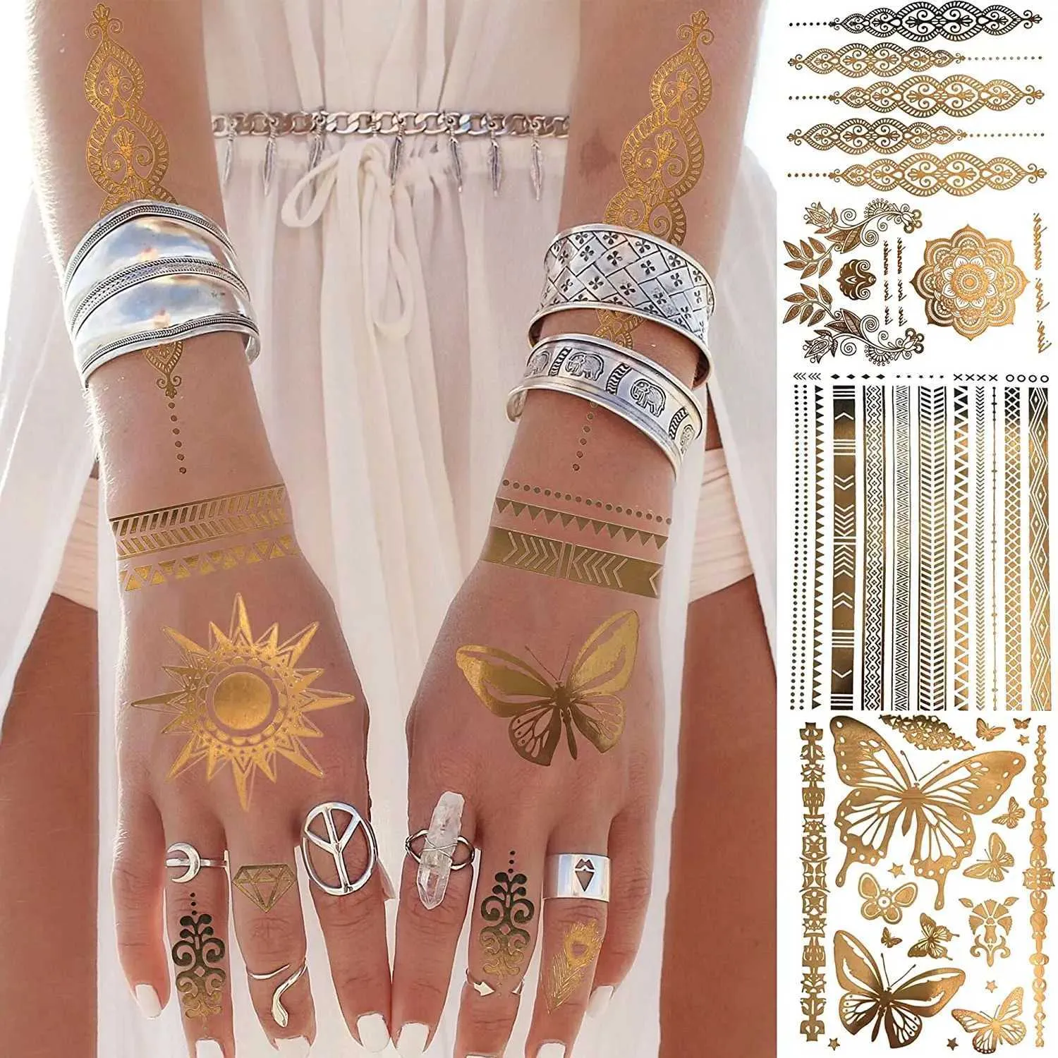 Metallic Flash Gold Metallic Tattoo For Women 9 Sheets Of Golden Lion ...