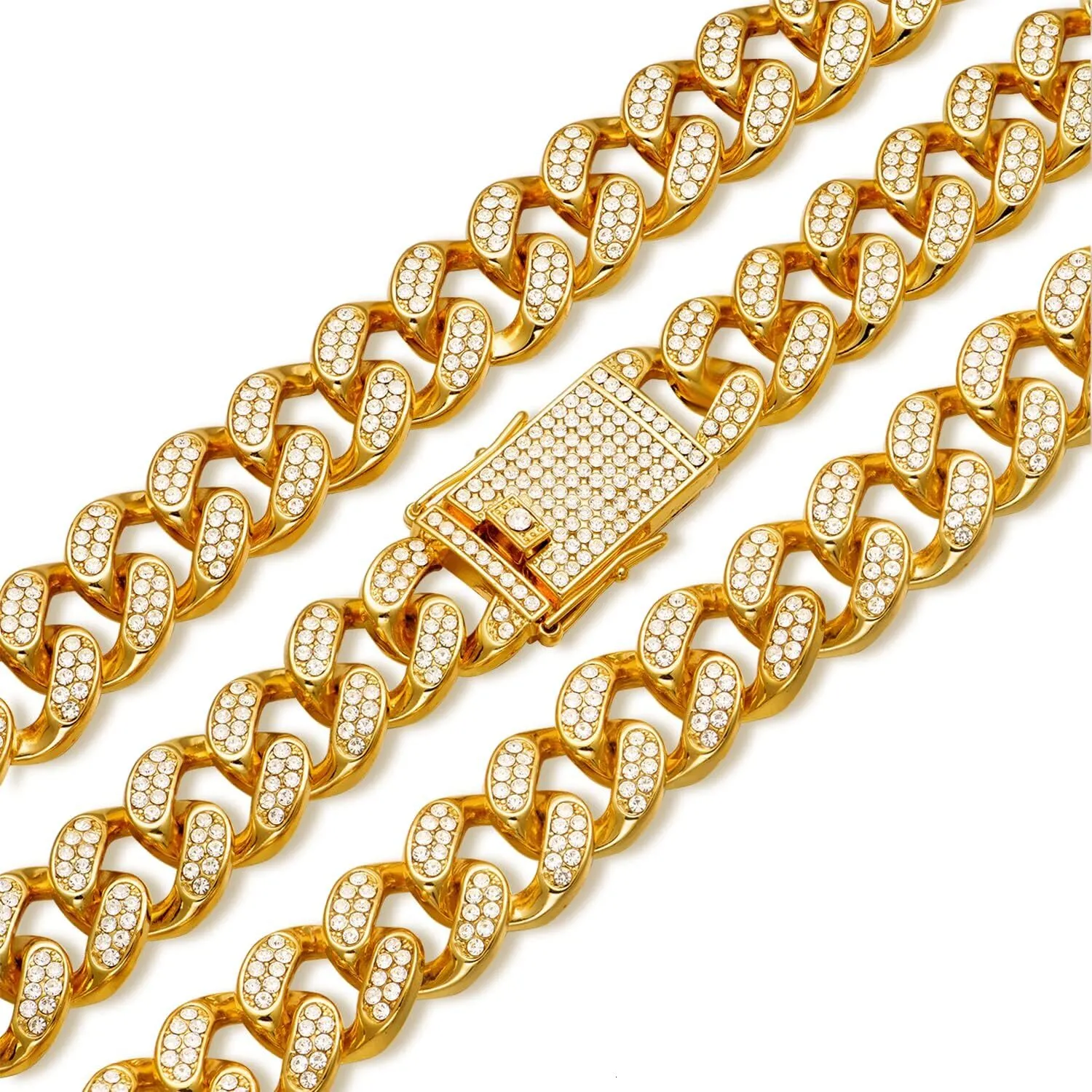 18k Gold Miami Cuban Cuban Necklace Gold With Stainless Steel Chain Hip ...