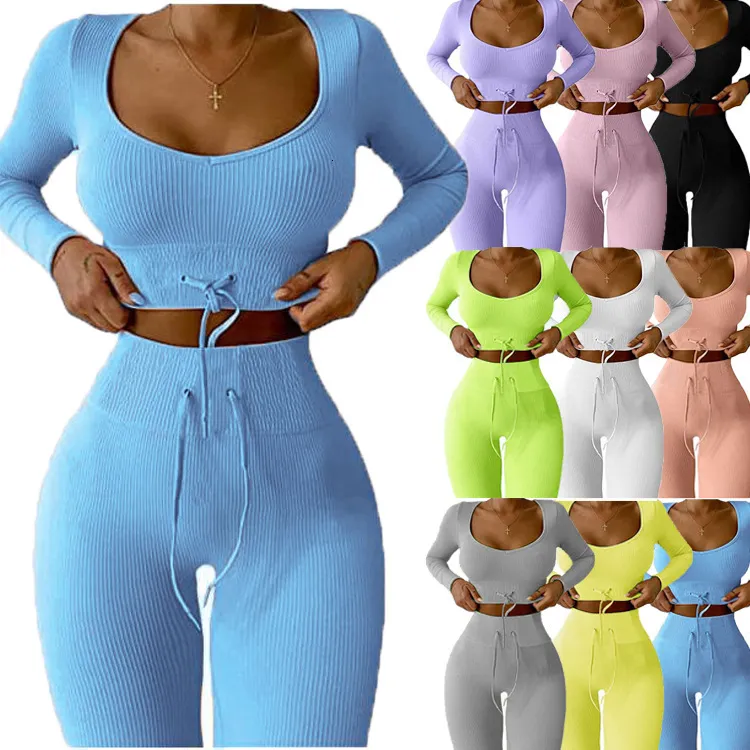 Ribbed Knit Yoga Suit Set: Long Sleeve Top & Pants - Premium Comfort ...